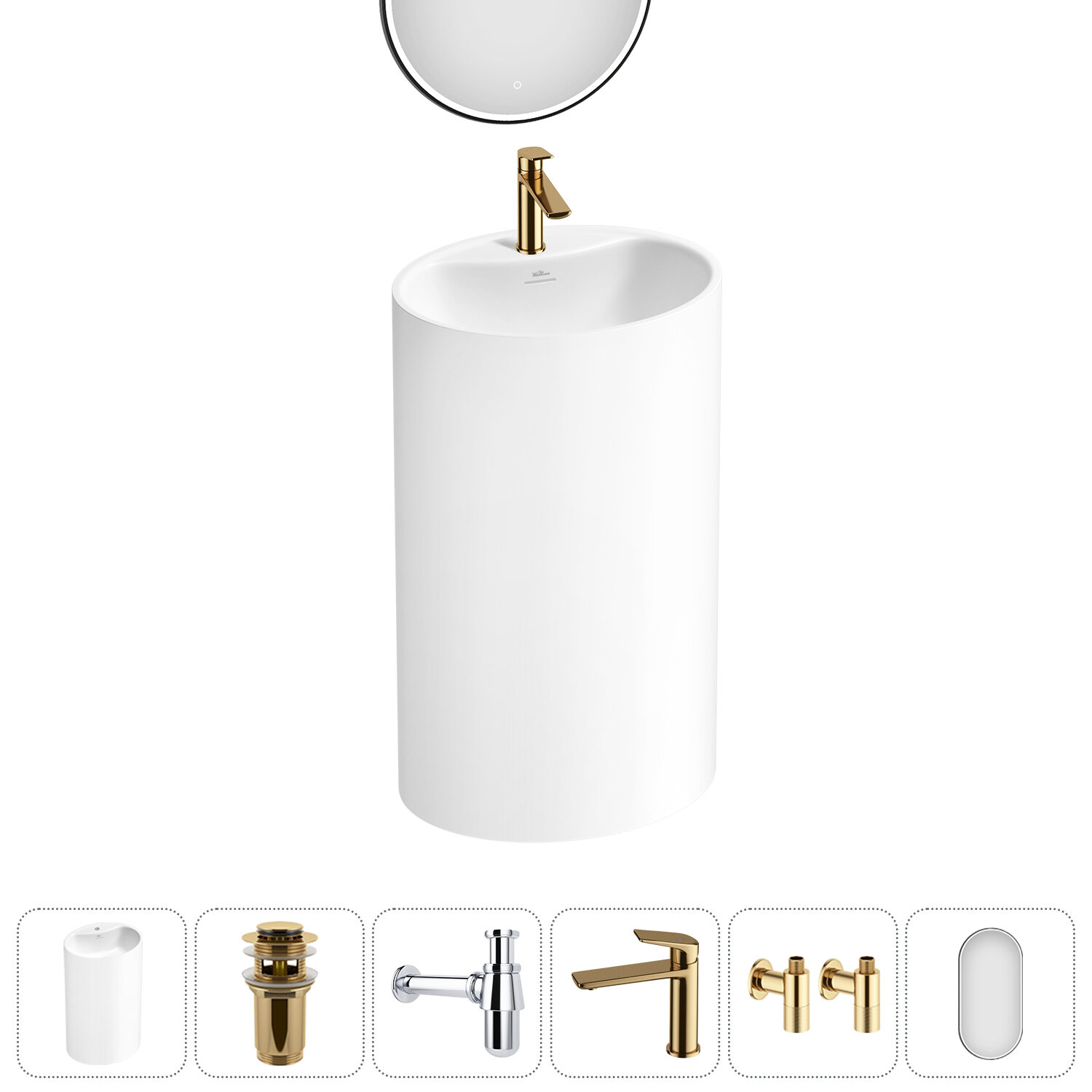 Овальная напольная раковина для ванной Wellsee Coquillage 20220135R в наборе 6 в 1: напольная отдельностоящая раковина моноблок в цвете матовый белый, донный клапан, сифон, смеситель, вентили, зеркало (цвет золото)
