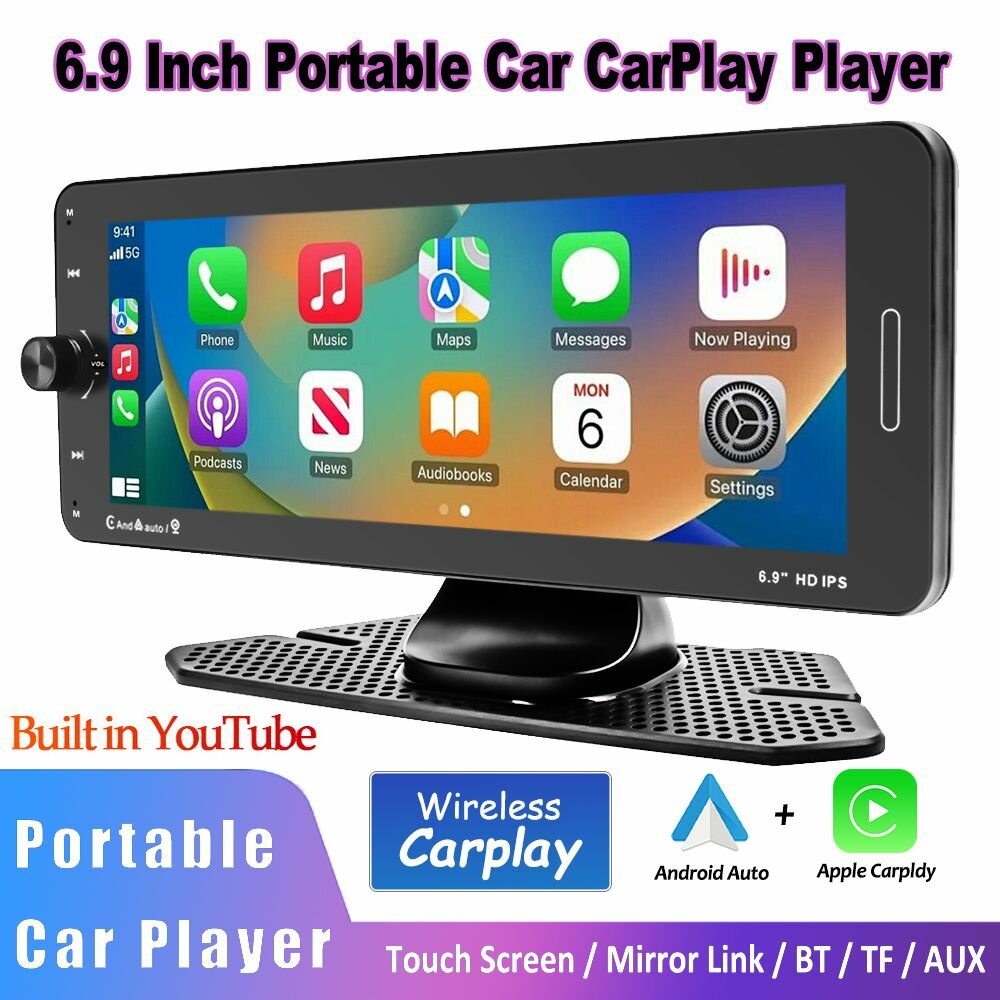 Беспроводной Carplay с диагональю 6,9 дюйма, Портативный сенсорный экран HD IPS , Автомобильный MP5-плеер , Bluetooth , Зеркальная связь , FM BT DSP AUX, Встроенный Youtube