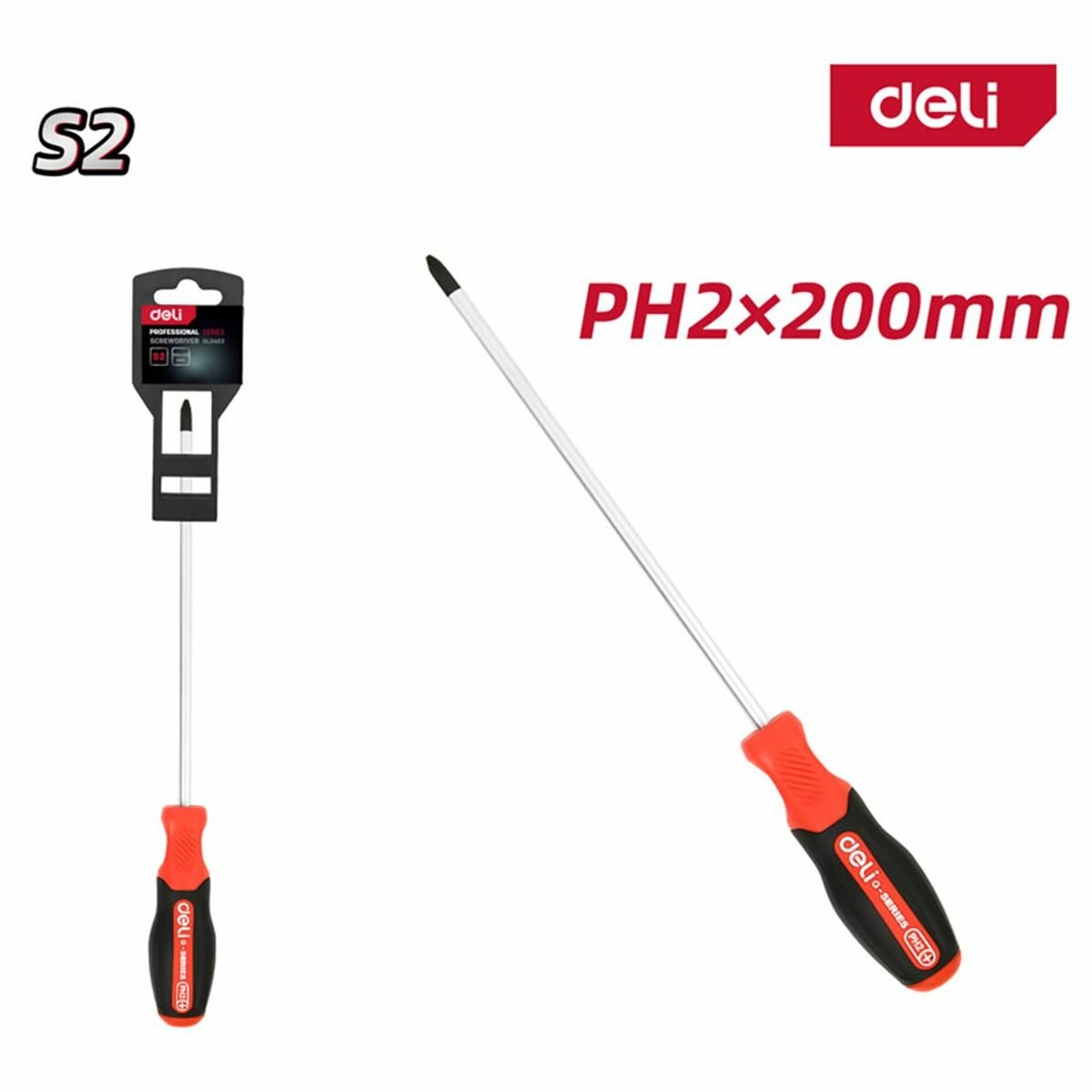 Крестовая отвертка PH2x200мм Deli DL3463 сталь S2, магнит, прорезиненная рукоятка