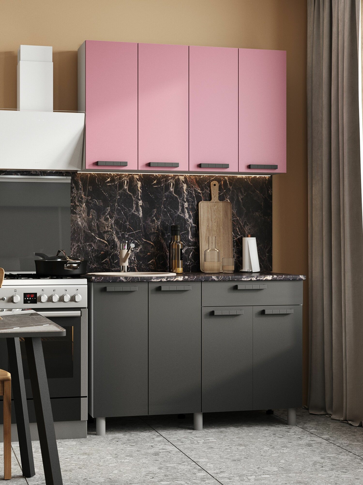 Кухонный гарнитур Осло МДФ 1,2м карбон сакура/карбон вулкан без столешницы