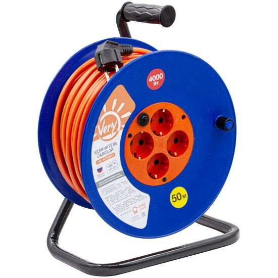 Very Удлинитель силовой на катушке 4 розетки, ПВС 2x2,5мм, 16А, 3,7кВт, б/з, термозащита, 50м 89-0-162