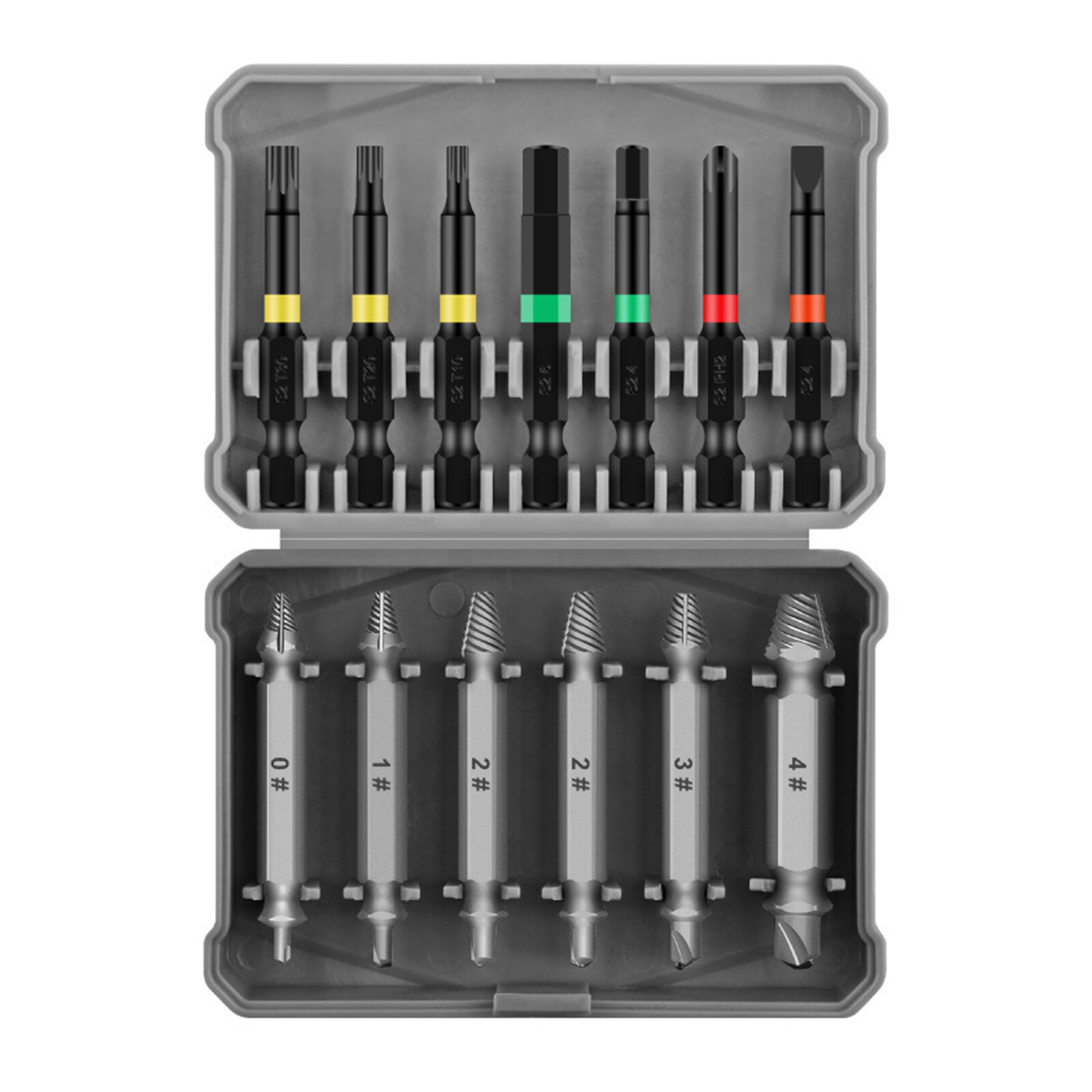 13шт Набор для извлечения сломанных винтов из стали, мини-инструмент для удаления поврежденных болтов, сверло-выделитель для скользких, сломанных, поврежденных и ржавых винтов, размеры H4, H6, T10, T20, T30, PH2, SL4, 0#, 1#, 2#, 2#, 3#, 4#, длина 50мм,