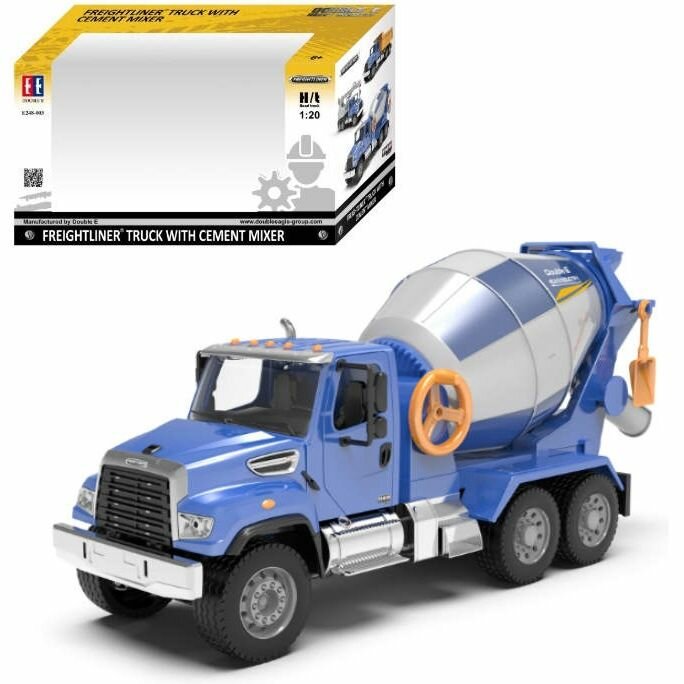 Бетономешалка Double Egle Freightliner синяя 1:20, с лопаткой, вращающийся миксер, открывающиеся двери и капот