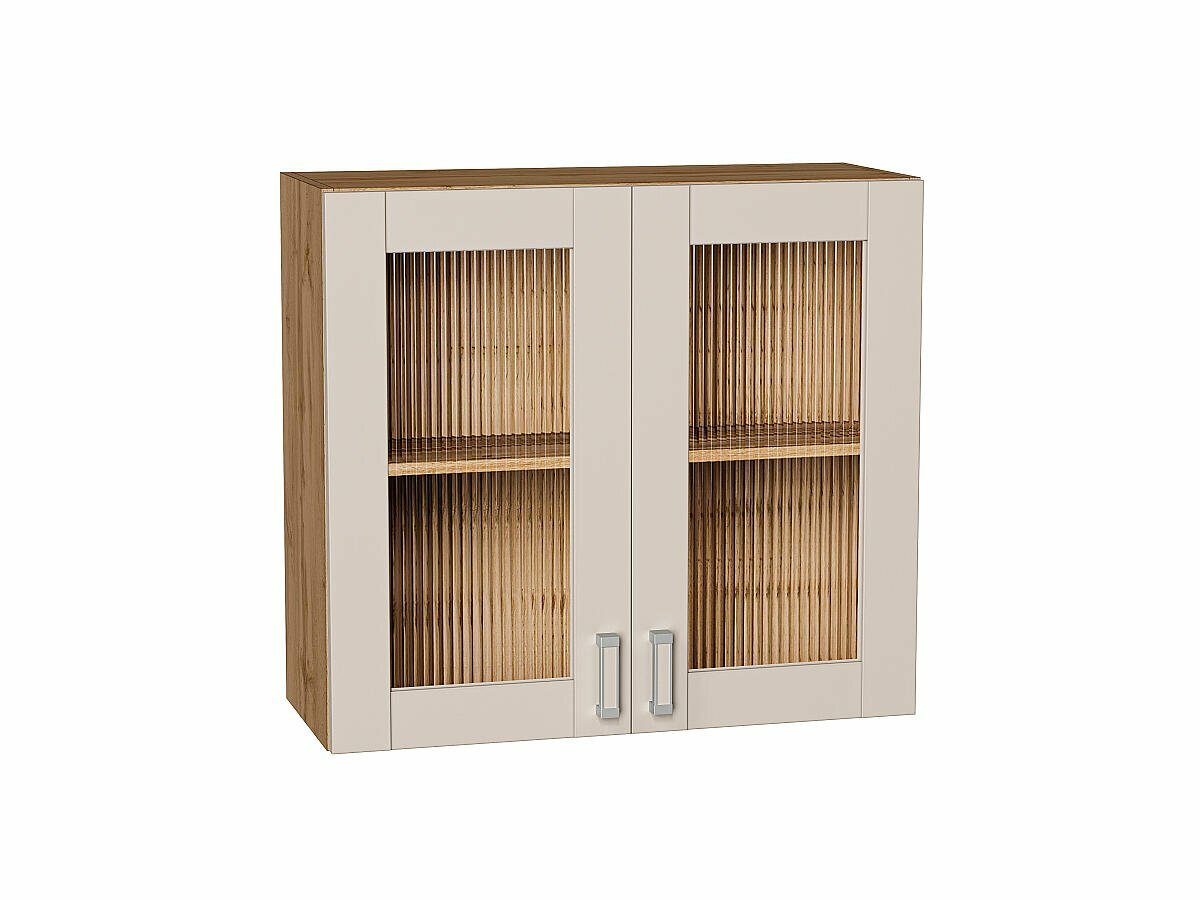 Шкаф верхний с 2-мя остекленными дверцами Лофт, цвет фасада Cream Silk, цвет каркаса Дуб Вотан, стекло Magic Moru V, 716*800*320 мм