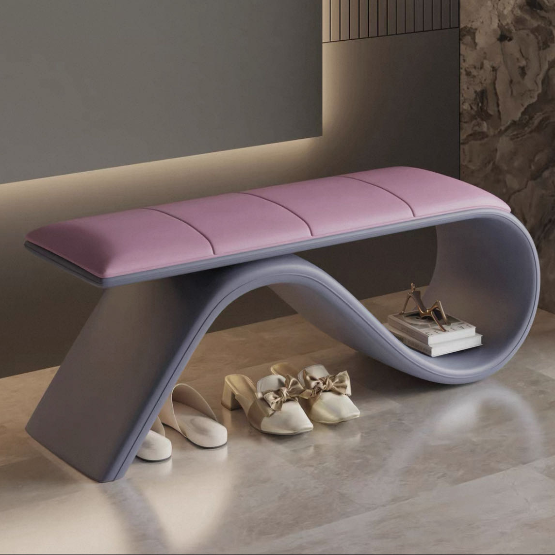 Интерьерная банкетка с фигурным основанием Estenas (140см / серо-розовый + серо-сиреневый)