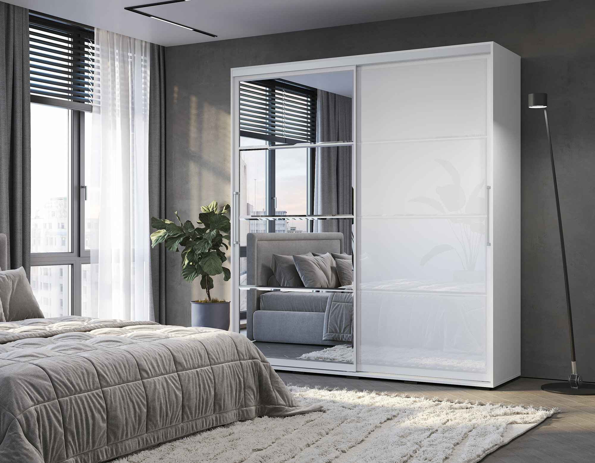 Шкаф-купе Крафт-6, шкаф для одежды с зеркалом, ЛДСП Белый, Мебелони