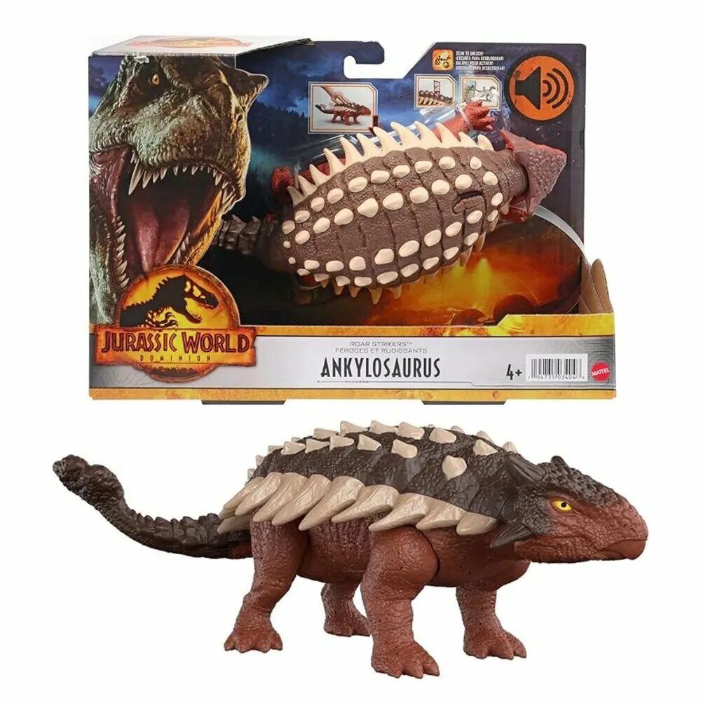 Фигурка динозавра Анкилозавра от Mattel Jurassic World Dominion Roar Strikers с ревущим звуком и атакующим действием HDX36