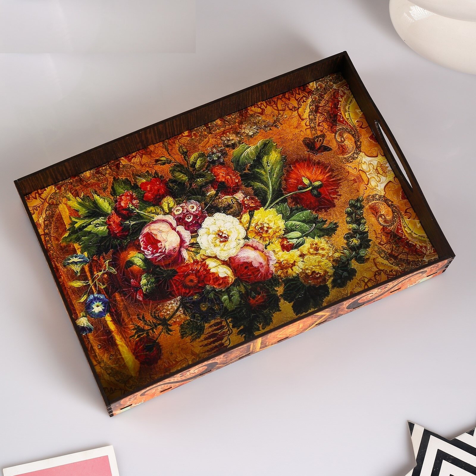 Поднос Дарим красиво «Цветы», дерево, с ручками, 30х20х4.5см