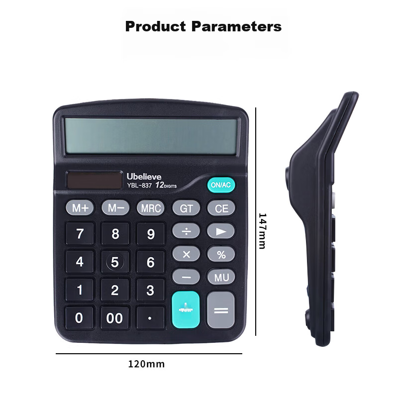 Youbili Dual Power Desktop Office Calculator, 12-Digit Large Screen Calculator, 837
