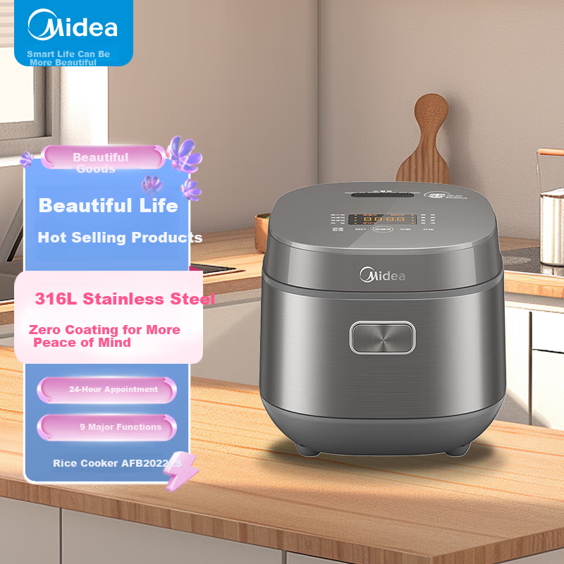 Midea Rice Cooker, 2L Mini, 316L Stainless Steel Inner Pot, Zero Coating, 304 Stainless Steel Degreasing Pot, 9 Functions, 24H Reservation, MB-AFB2022LS [ZMD Peace of Mind Series]
