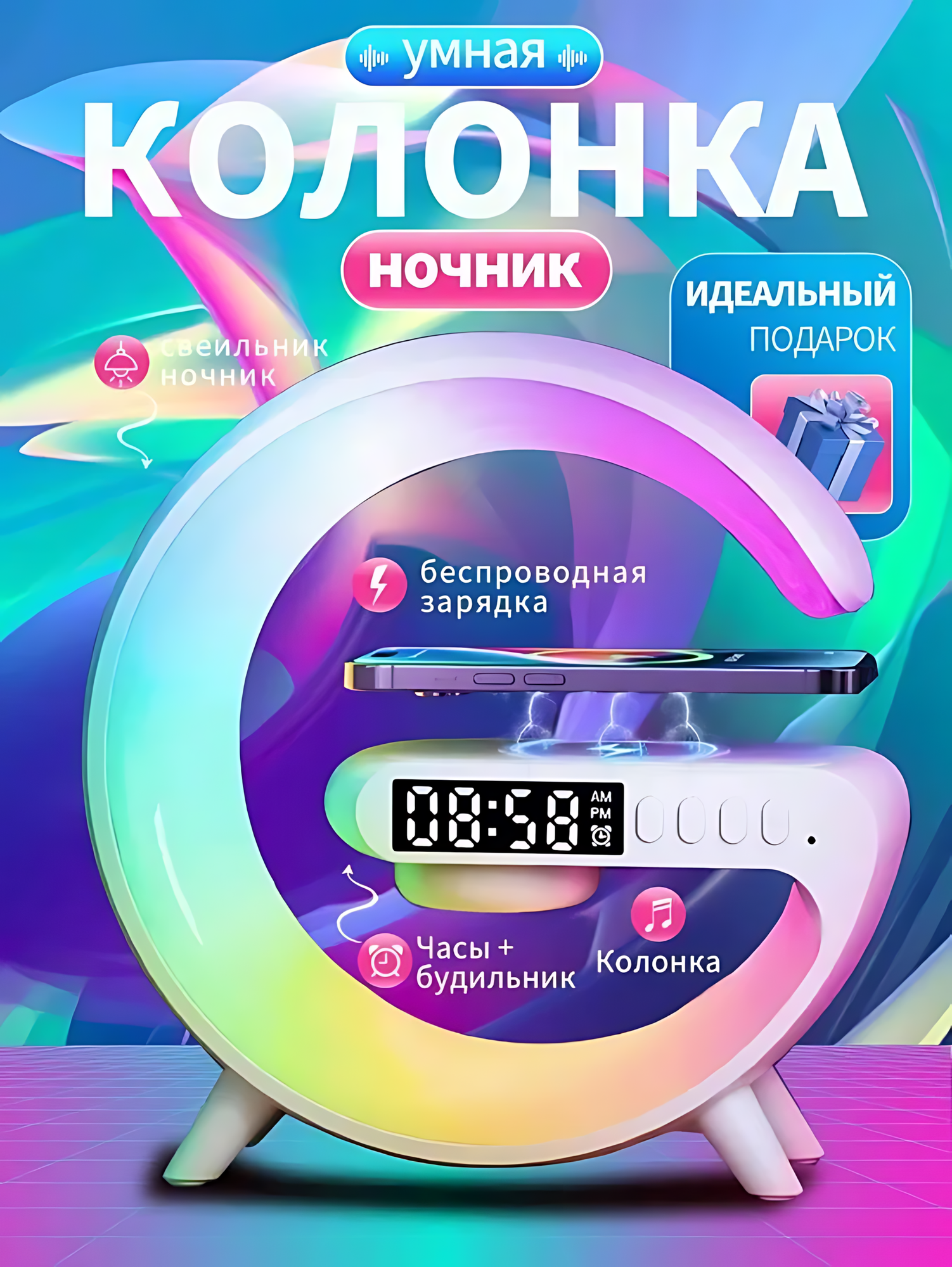 Блютуз колонка ночник с беспроводной зарядкой и подсветкой, RGB светильник, ночник