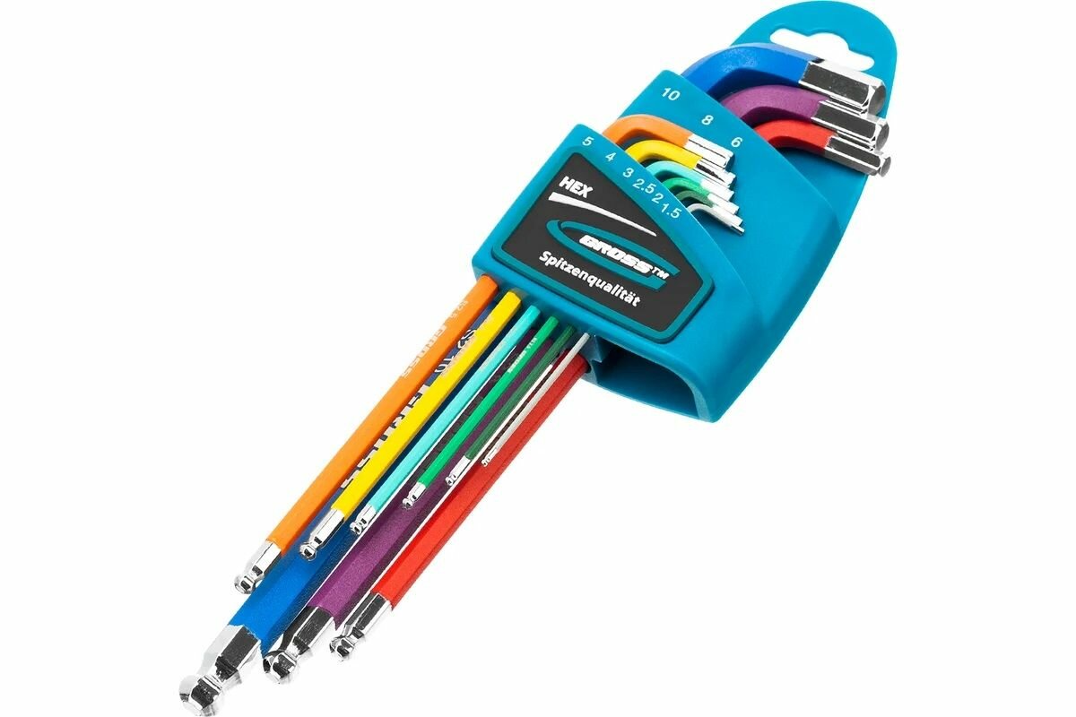 Набор имбусовых ключей с шаром GROSS HEX 1,510 мм, S2, магнит, экстра-длинные, хром/краска, 9 шт. 16400