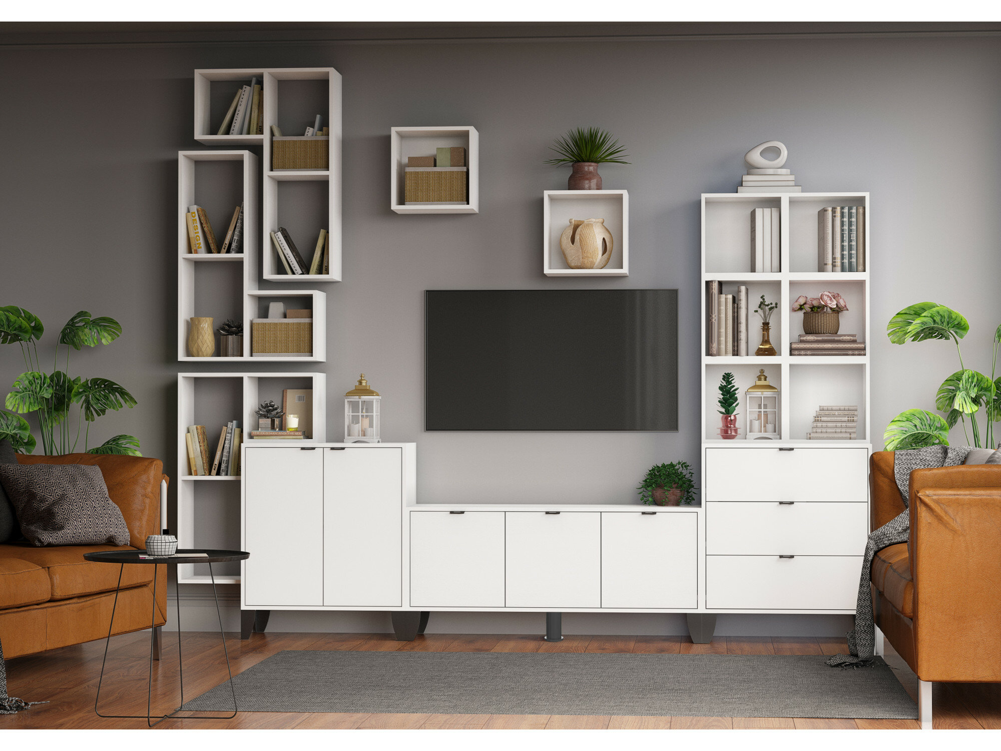 Гостиная, в современном стиле, шариковые направляющие, Белый