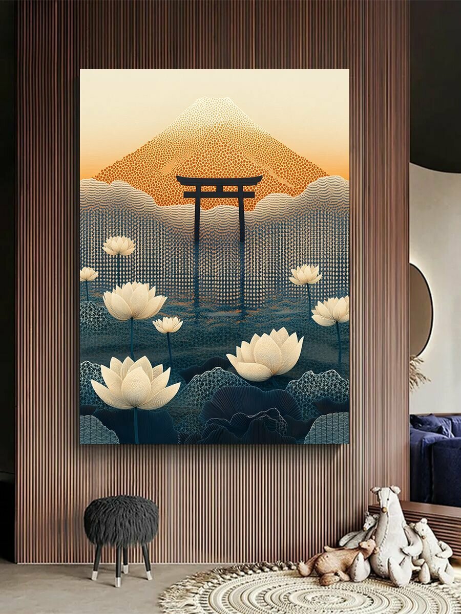 Картина на стену - "Пейзаж в японском стиле / гора Фудзи и сакура" , 50х70 см.