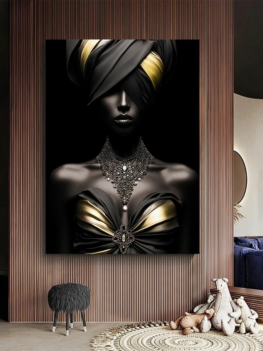 Интерьерная вертикальная картина - "Портрет / Лицо девушки в черно-золотом" , 40х60 см.