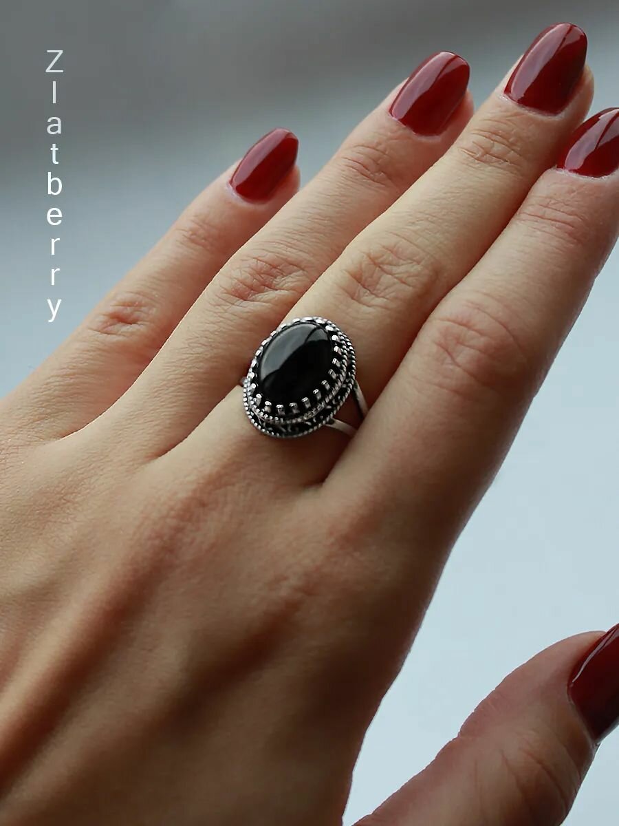 Кольцо тонкое, серебро, 925 проба, оксидирование, агат синтетический