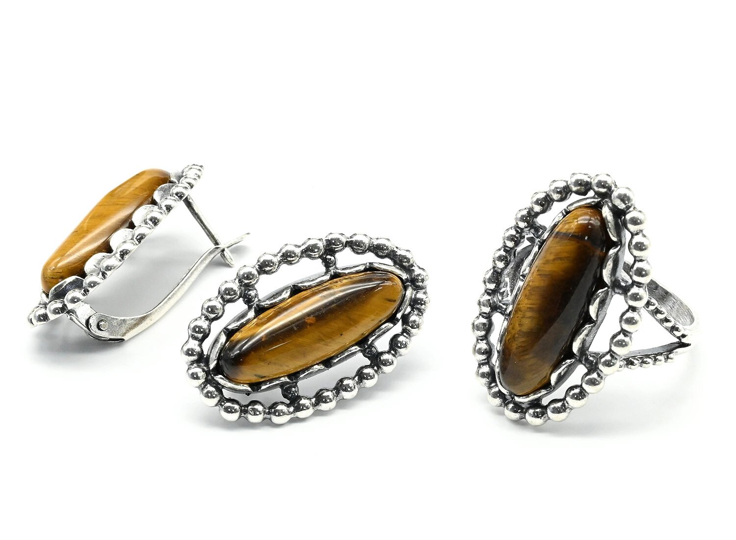 Комплект бижутерии: серьги, кольцо, тигровый глаз