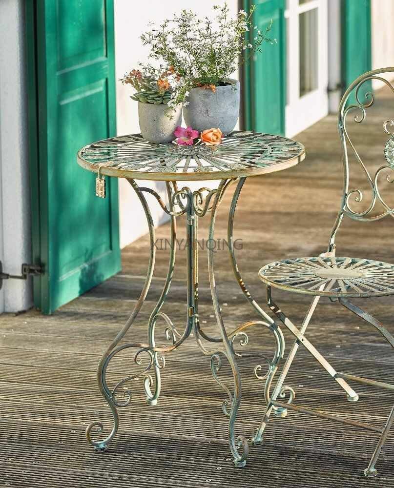 Круглый металлический стол Павлиний глаз в античном стиле, патинированный садовый столик для террасы, балкона и кухни, романтичный декор дачи