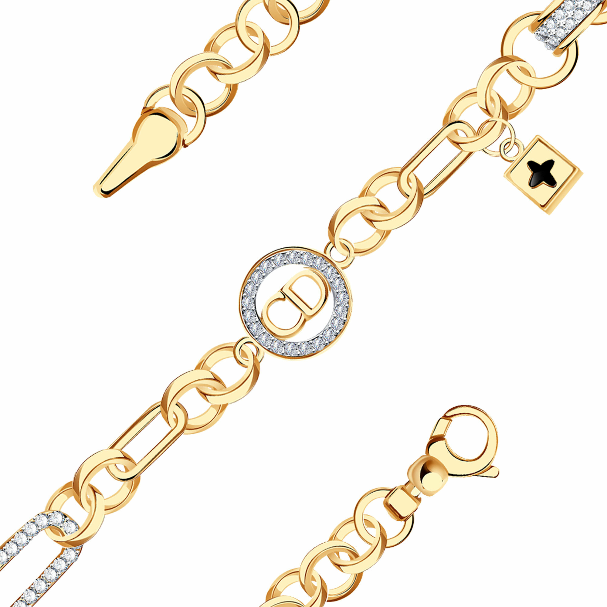 Браслет, красное золото, 585 проба, фианит, оникс