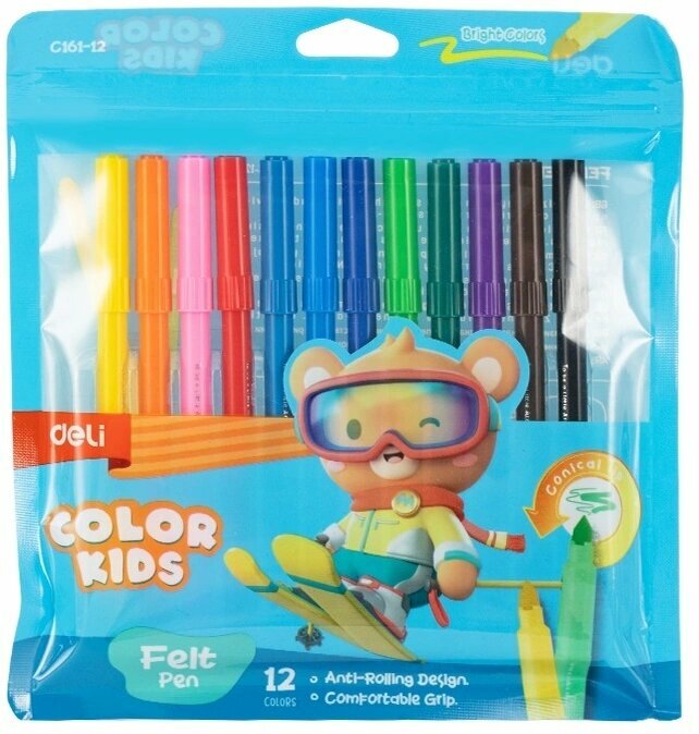 Фломастеры Deli EC161-12 Color Kids круг. конический пиш. наконечник Вентилируемый 12цв. пакет с евр
