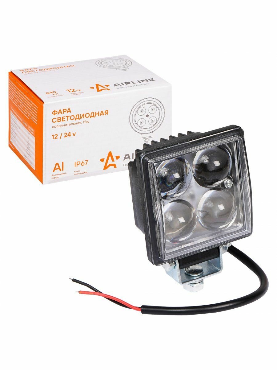 Фара светодиодная квадратная, 4 LED направленный свет, 12W (76х76х46) 12/24V (ALED001), AIRLINE ALED001