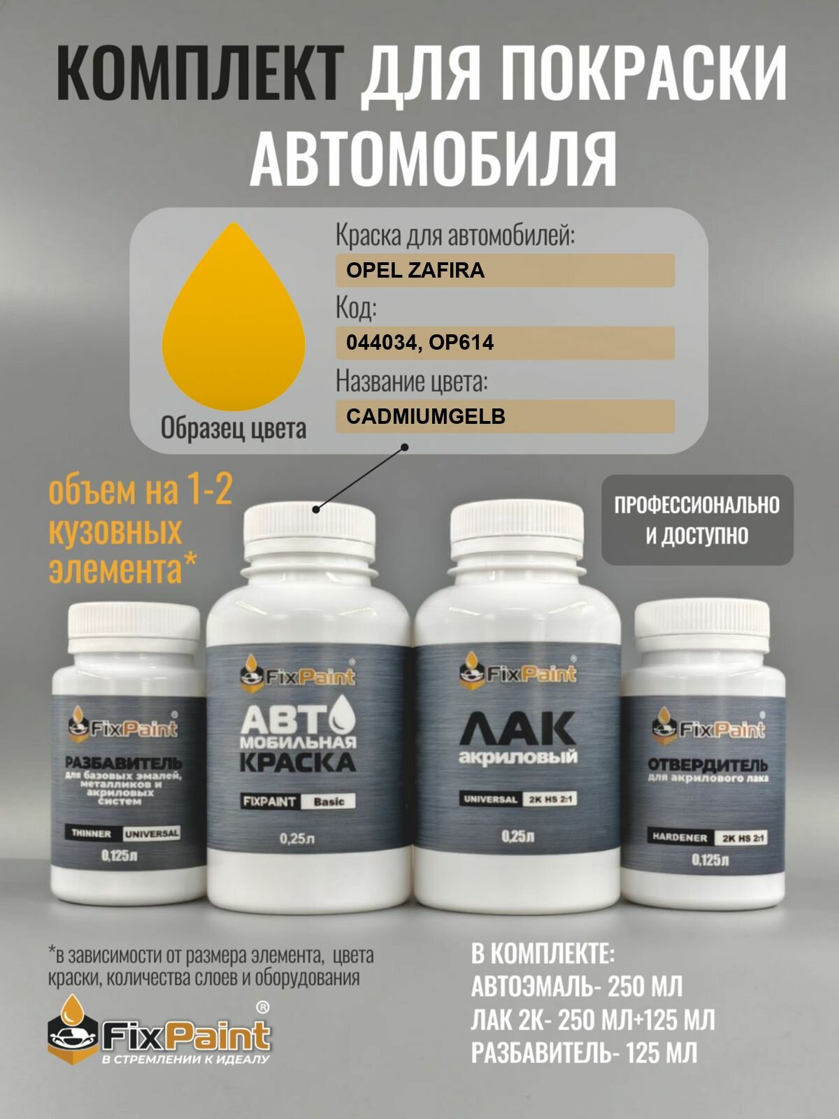 Комплект для покраски OPEL ZAFIRA, код 044034, OP614, CADMIUMGELB, базовая автомобильная краска 250 мл, лак 2K 250 мл с отвердителем, разбавитель 125 мл, FixPaint Pro