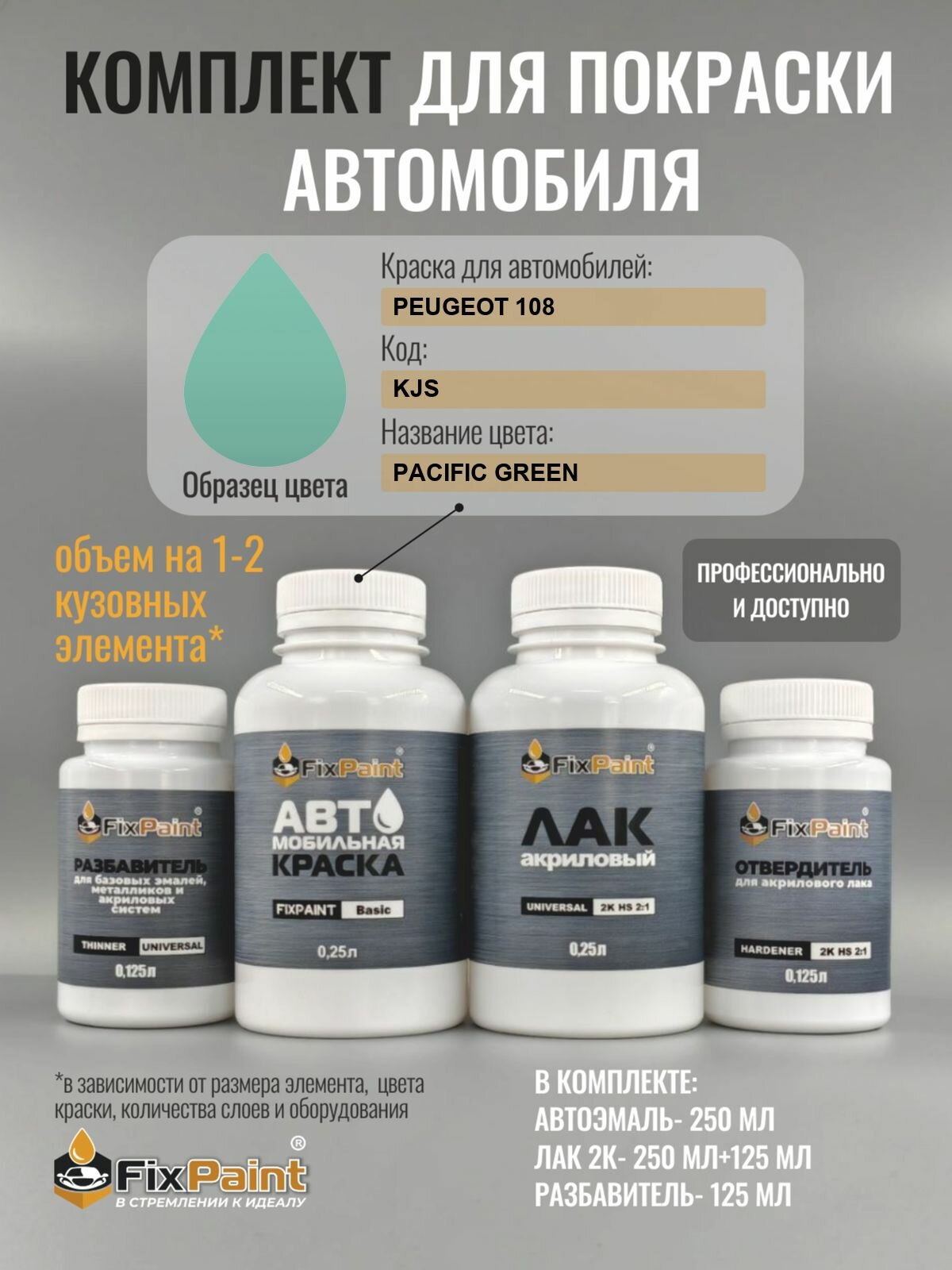 Комплект для покраски PEUGEOT 108, код KJS, PACIFIC GREEN, базовая автомобильная краска 250 мл, лак 2K 250 мл с отвердителем, разбавитель 125 мл, FixPaint Pro