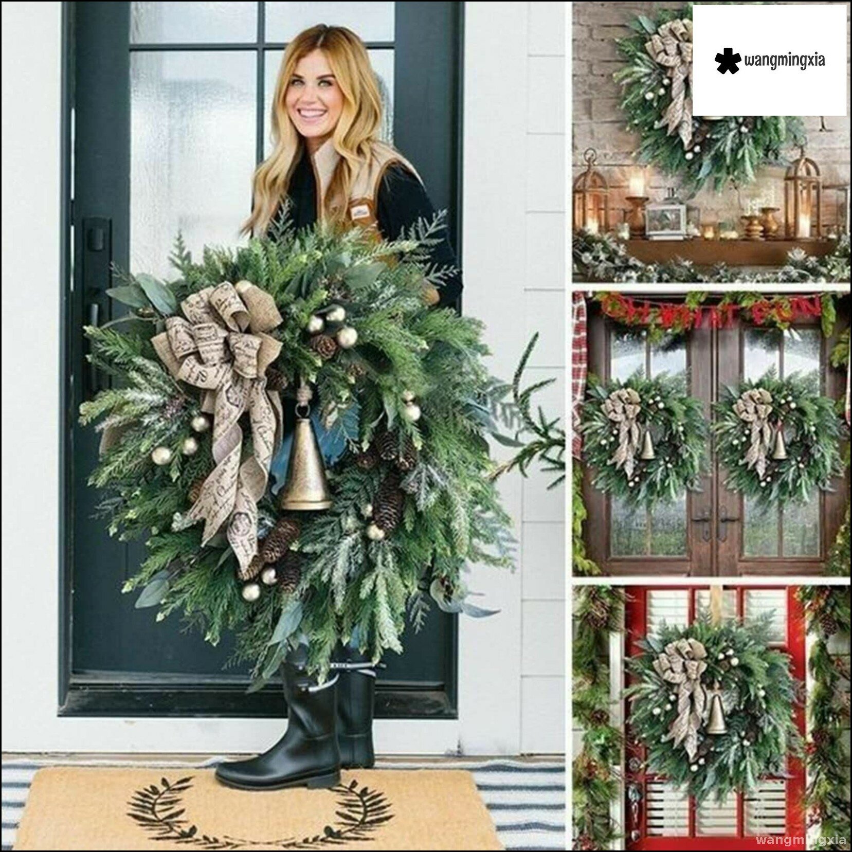 Рождественские сосновые шишки, колокольчики, гирлянды, рождественская подвеска на дверь, украшение на Рождество.