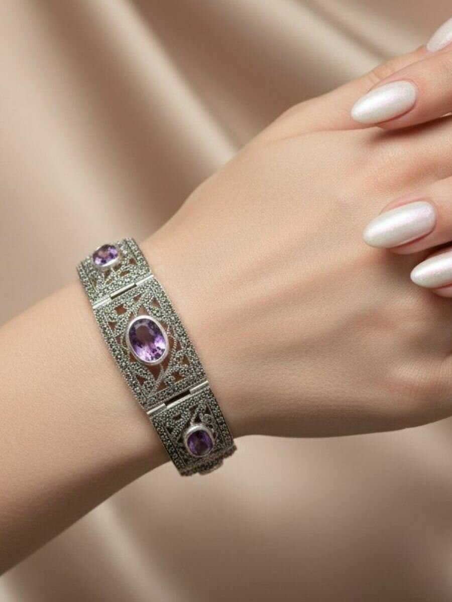 Браслет, серебро, 925 проба, марказит, аметист