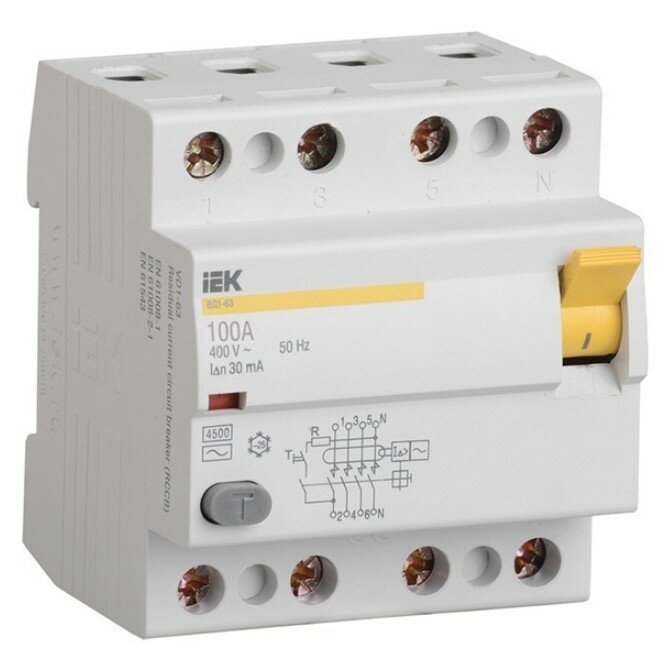 УЗО ИЭК ВД1-63 4Р 100А 30мА тип AC (ВДТ) MDV10-4-100-030, IP20