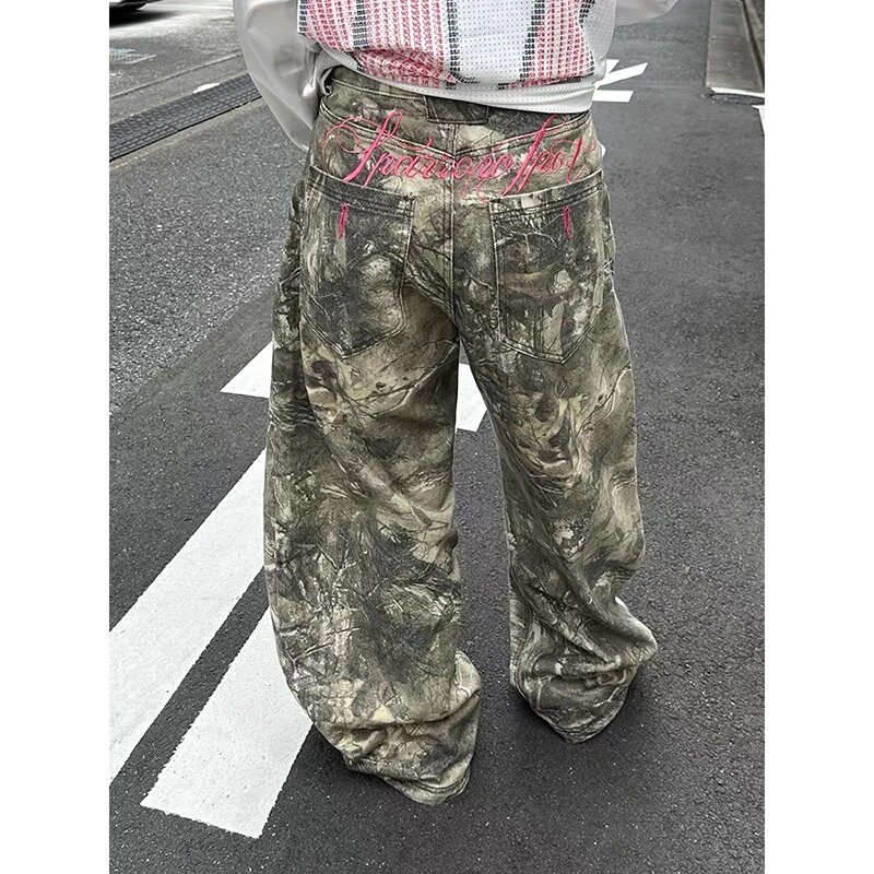 MON Женские джинсы Чистый цвет Готическое американское 2000-х вышитое свободное Харадзуку осень, Размер_2XL