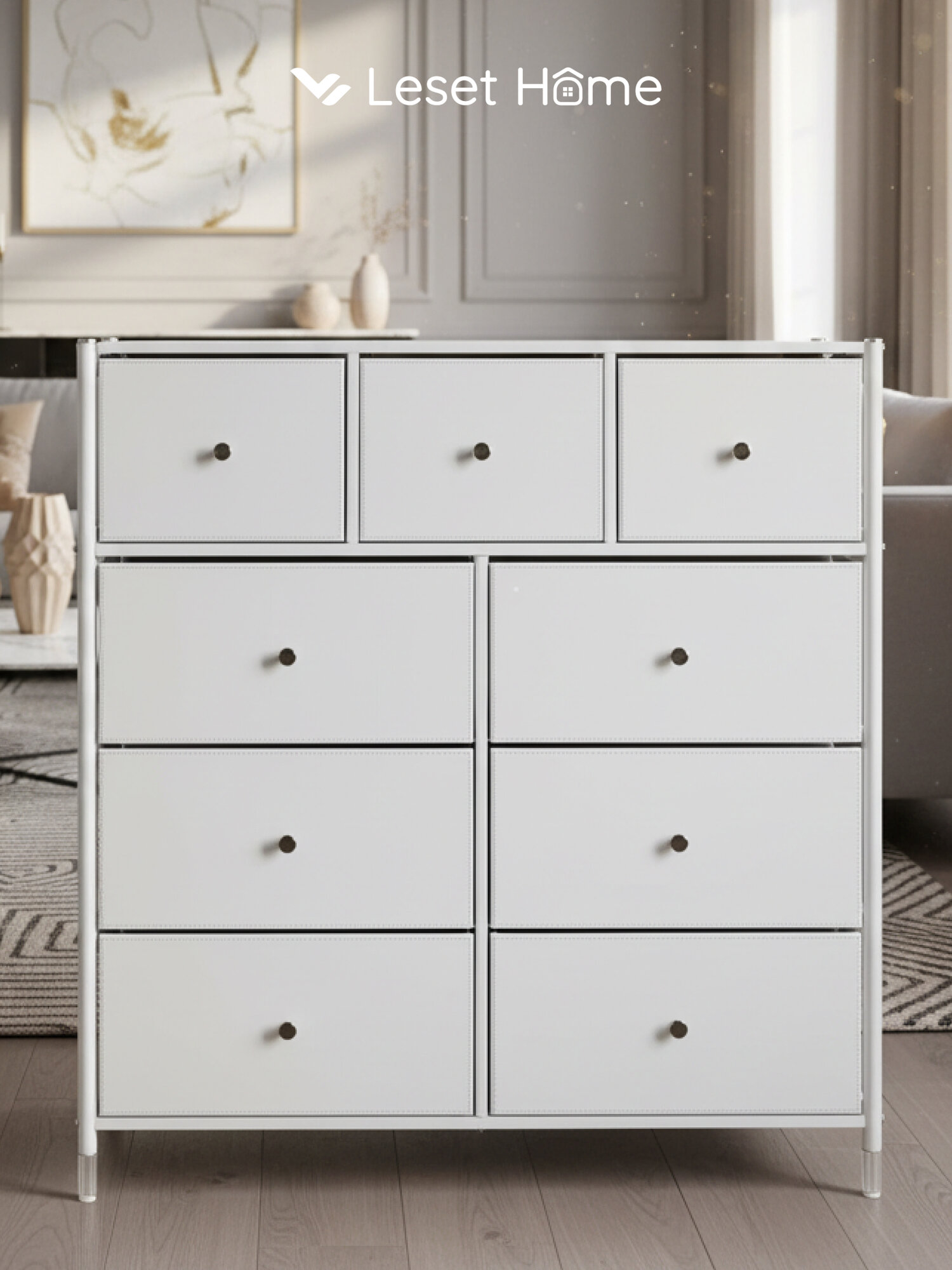 Комод в спальню Leset Нирита, 9 ящиков, комод в гостиную каркас металлический Белый, фасад экокожа
