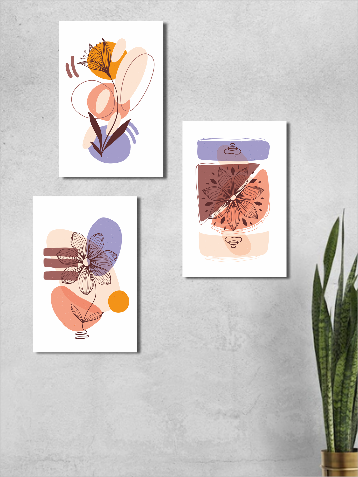 Модульная картина для интерьера на стену минимализм. Графические цветы, абстрактная геометрия 40х60 см - 3 штуки на холсте на подрамнике