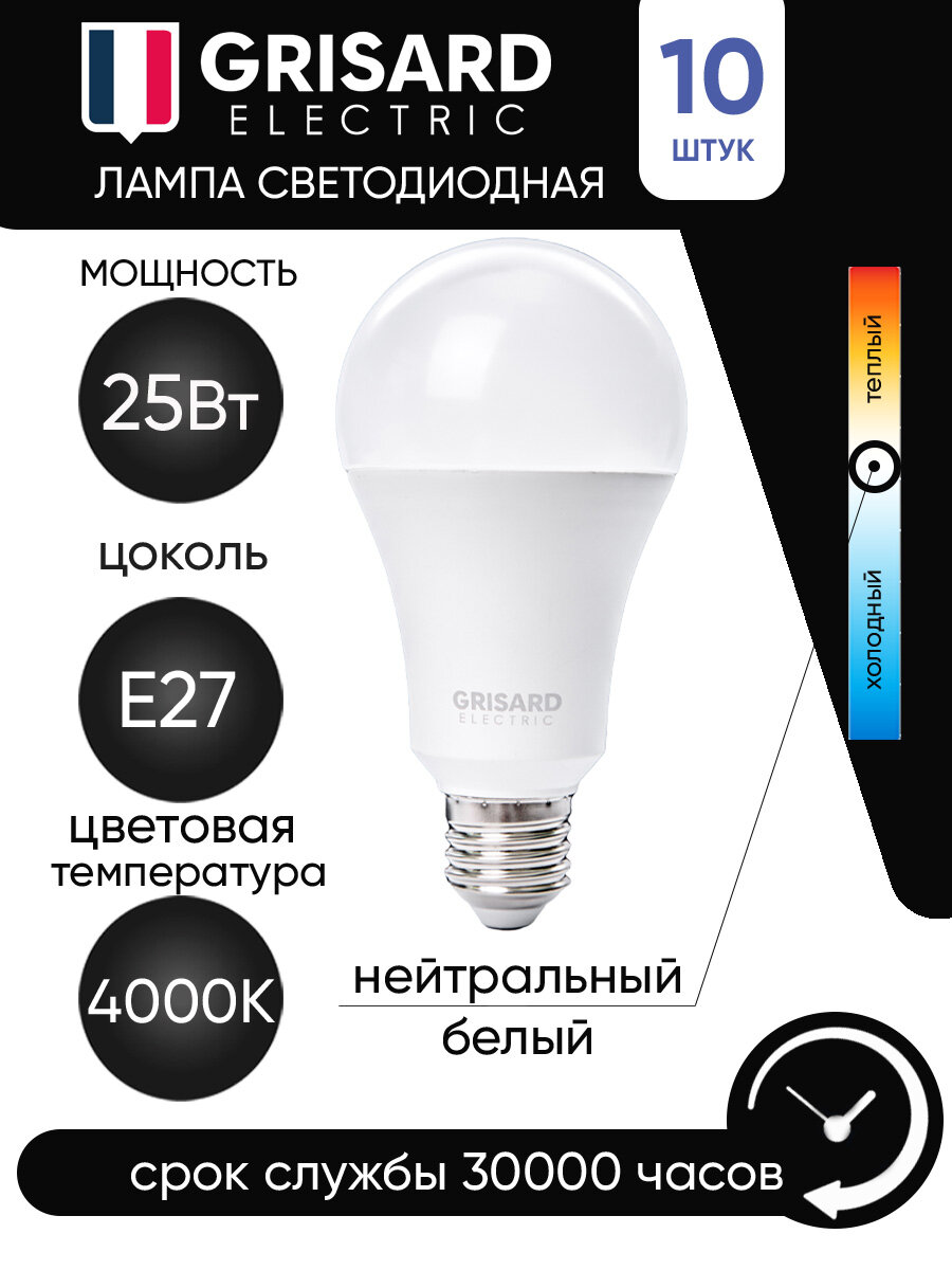 Лампочки светодиодные, LED, шар, E27, 25Вт, 4000К, 10 шт