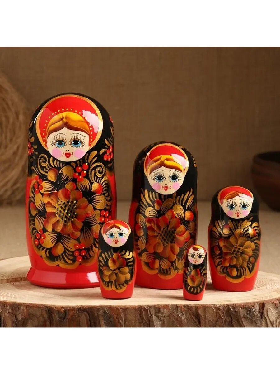 Матрёшка «Рябинка», чёрный платок, 5 кукольная, 18 см