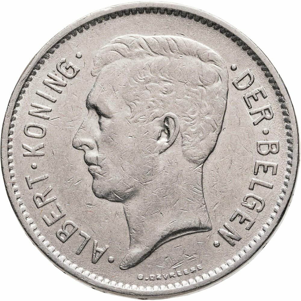 Бельгия 5 франков francs 1932 надпись на голландском - "ALBERT KONING DER BELGEN", Никель, в сохранности VF