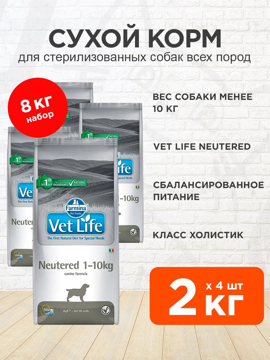 Корм сухой Farmina Vet Life Canin Neutered для взрослых кастрированных и стерилизованных собак весом до 10 кг, 2 кг 4 шт