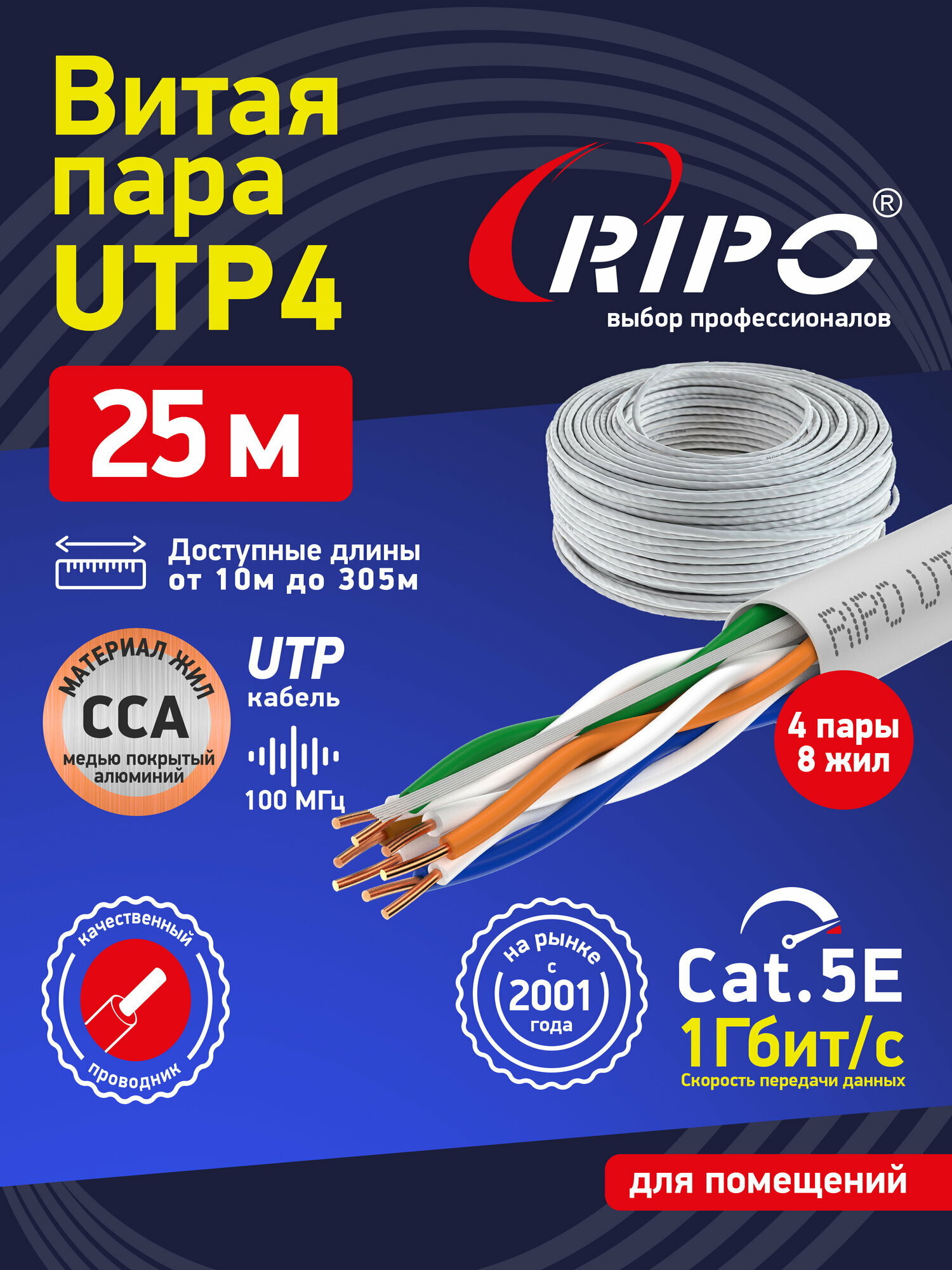 Интернет кабель витая пара LAN UTP4 CAT5E 24AWG, омедненный алюминий, 25 м