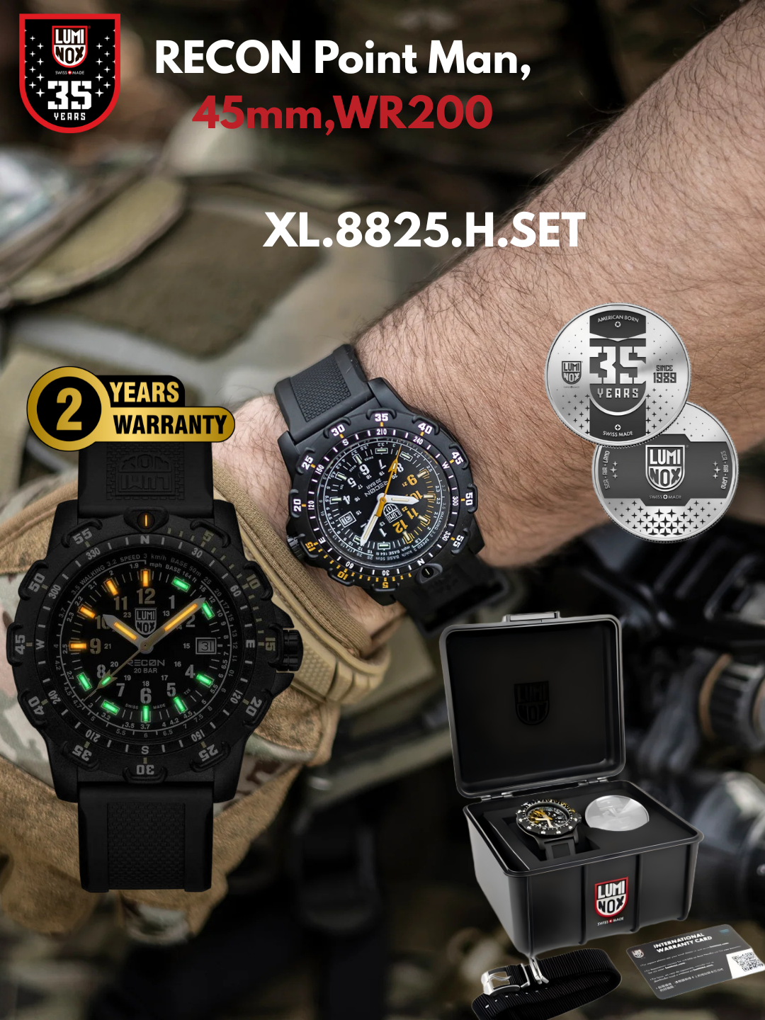 Luminox 35 лет. XL.8825. H. SET. Углеродный корпус, сапфир, 2 ремешка, тритийное свечение 25 лет. Тактические часы.
