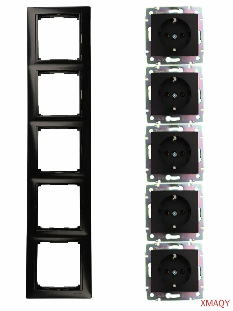 Розетки с заземлением 5 шт + рамка 5 поста 1 шт Legrand valena 220В, 16А, черный