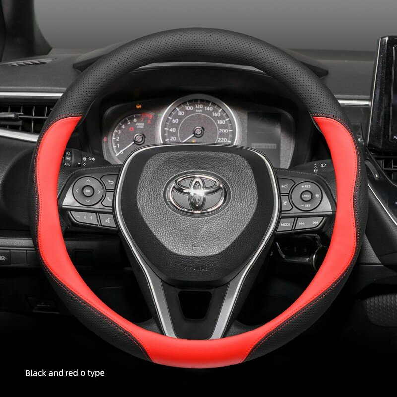 Ультратонкий чехол на руль для Toyota Camry, Corolla, RAV4 Hybrid - Черно-красный - Премиальная кожа