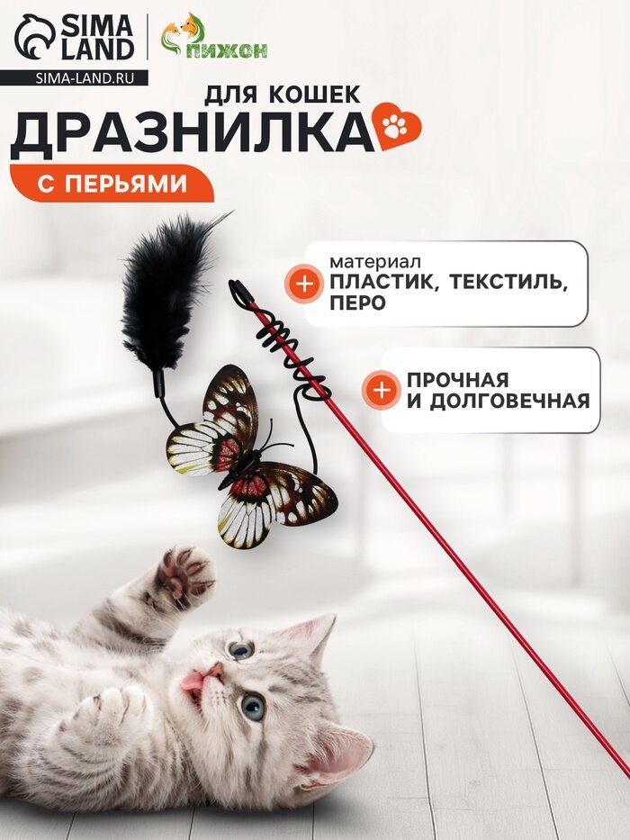 Дразнилка Бабочка, с перьями, цвет микс