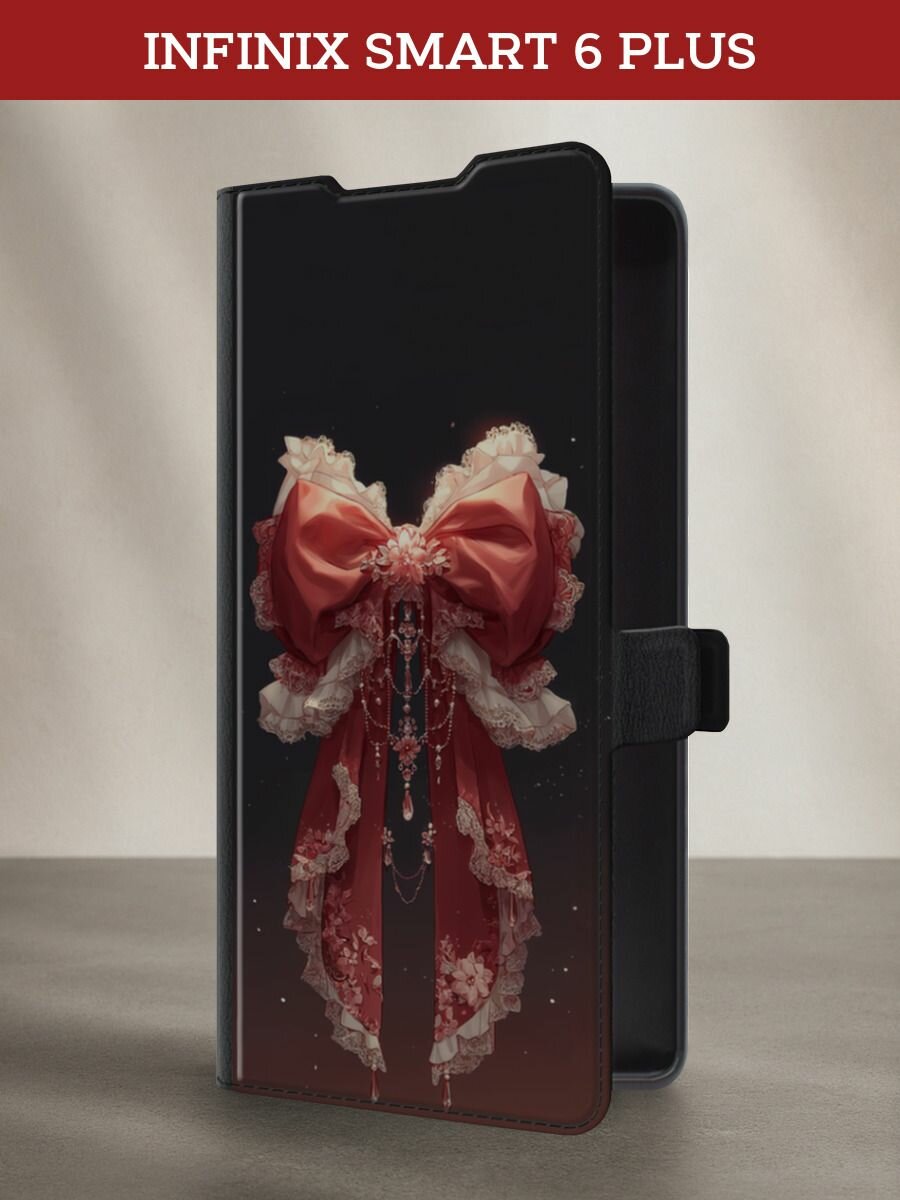 Чехол-книжка на Infinix Smart 6 Plus / Инфиникс Смарт 6 Плюс с принтом Красный бант аниме, черный