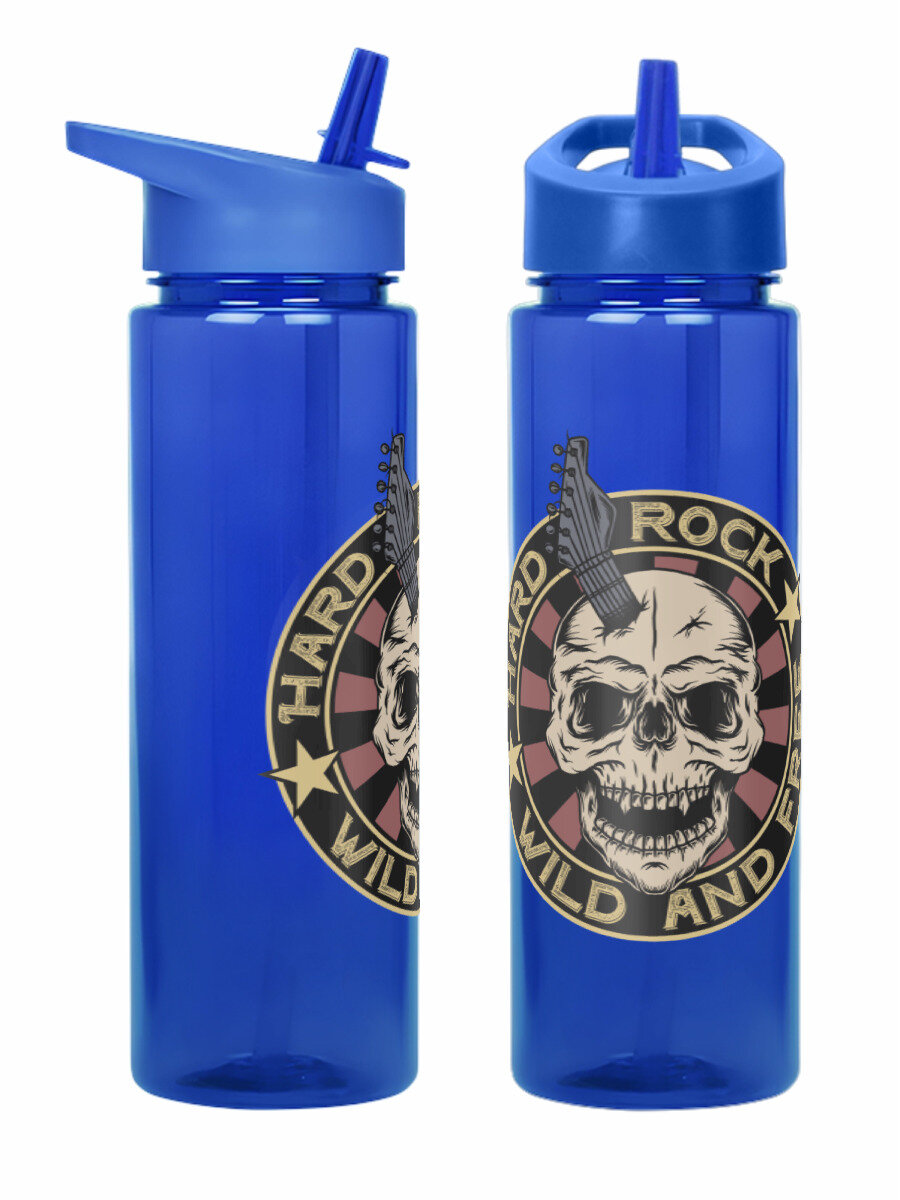 Бутылка синяя для воды с принтом Череп тяжелый рок. Дикий и свободный. Скелет, гитара