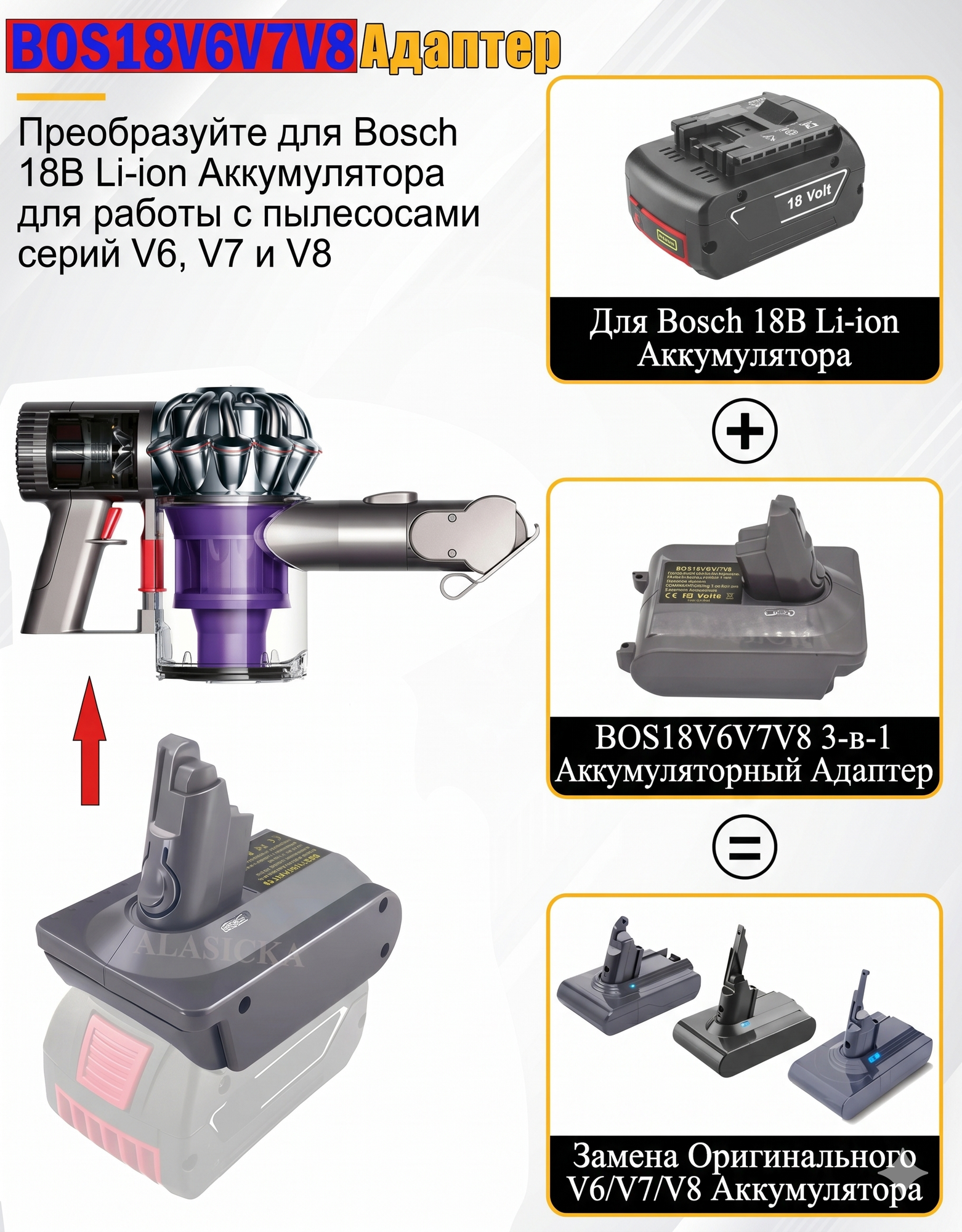 Адаптер 3-в-1 BOS18V6V7V8, переходник аккумулятора Bosch 18В для пылесосов Dyson V6, V7, V8