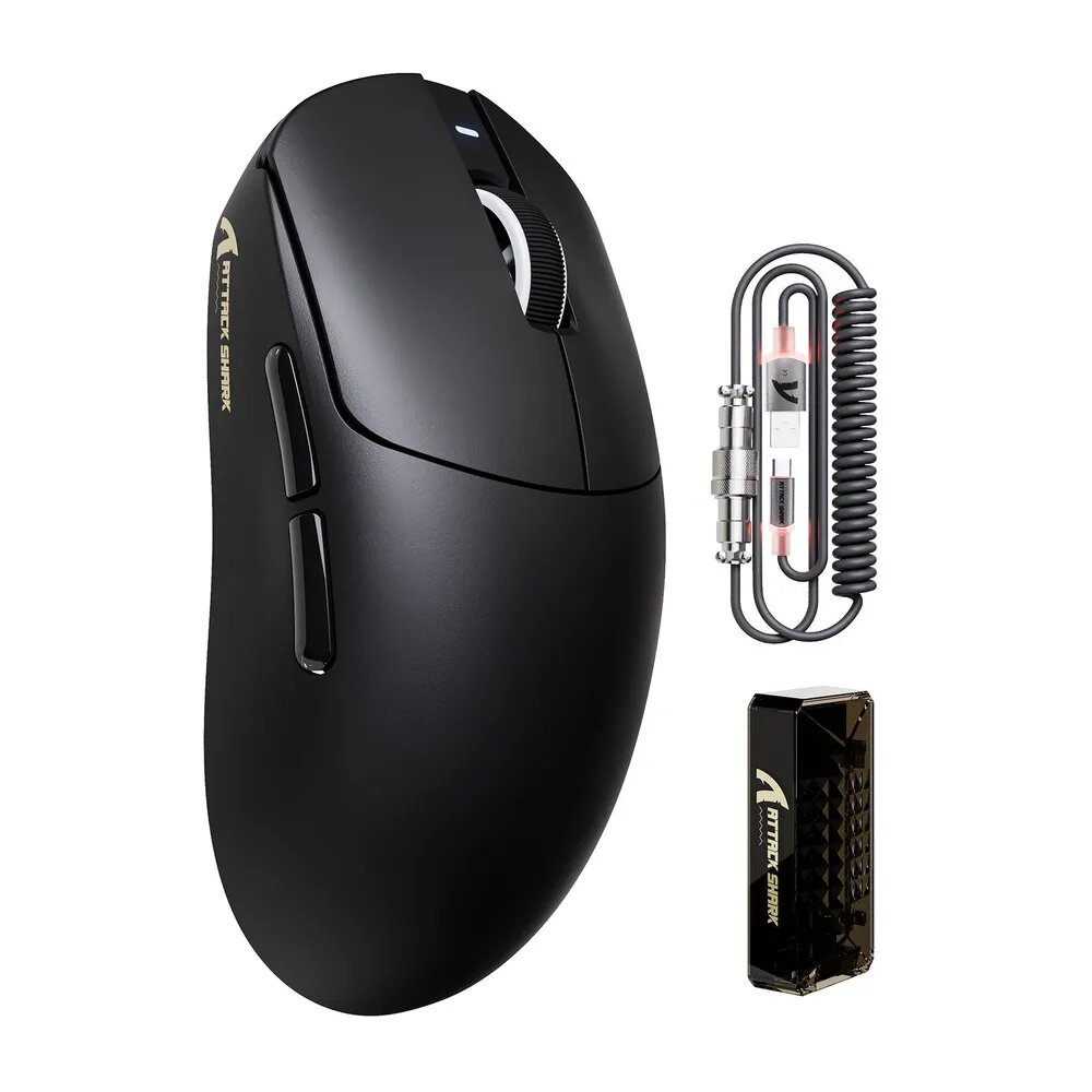 ATTACK SHARK Игровая мышь беспроводная X8PRO+C06 ULTRA Витой кабель, мышь 8K для большой руки, 55 г, PixArt PAW3395PRO, Bluetooth/2.4G/проводная, черный матовый
