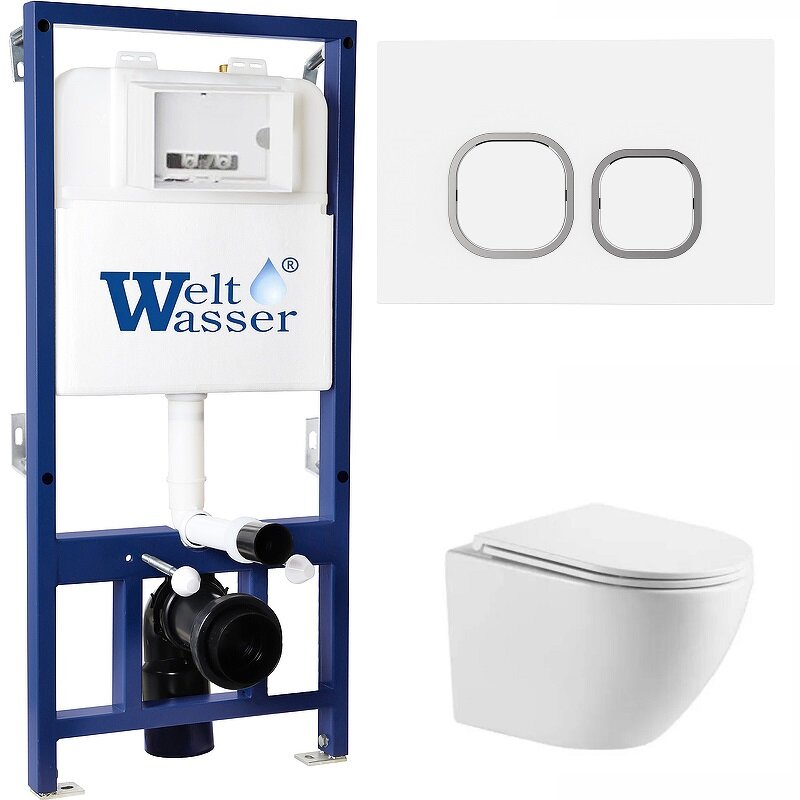 Унитаз подвесной WeltWasser BAMBERG 525+MERZBACH 043 XL GL-WT+BAMBERG WT белый/кнопка белая, безободковый, с крышкой микролифт, с инсталляцией, слив торнадо