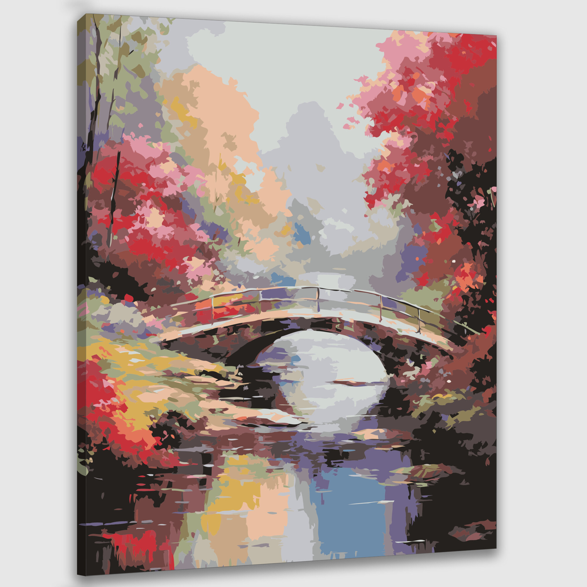 Картина по номерам 40x50 см, акриловая картина, пейзаж, каменный мост, ручей, деревья, цветы, балансированная композици