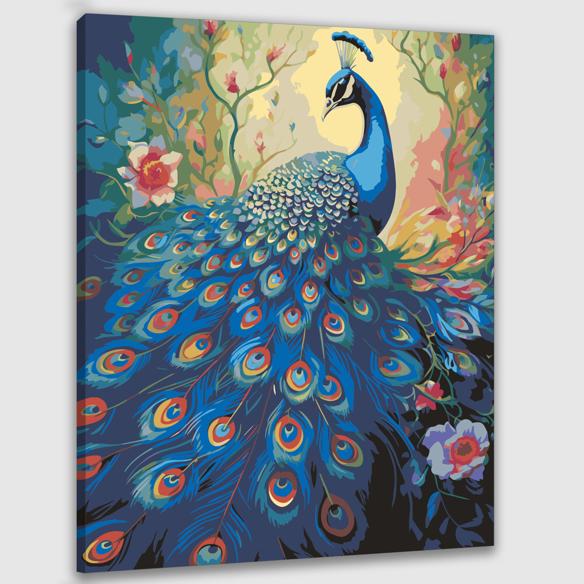 Картина по номерам 40x50 см, картина, масло, павлин, оперение, синий, зеленый, золотой, детали перьев, узоры, блеск
