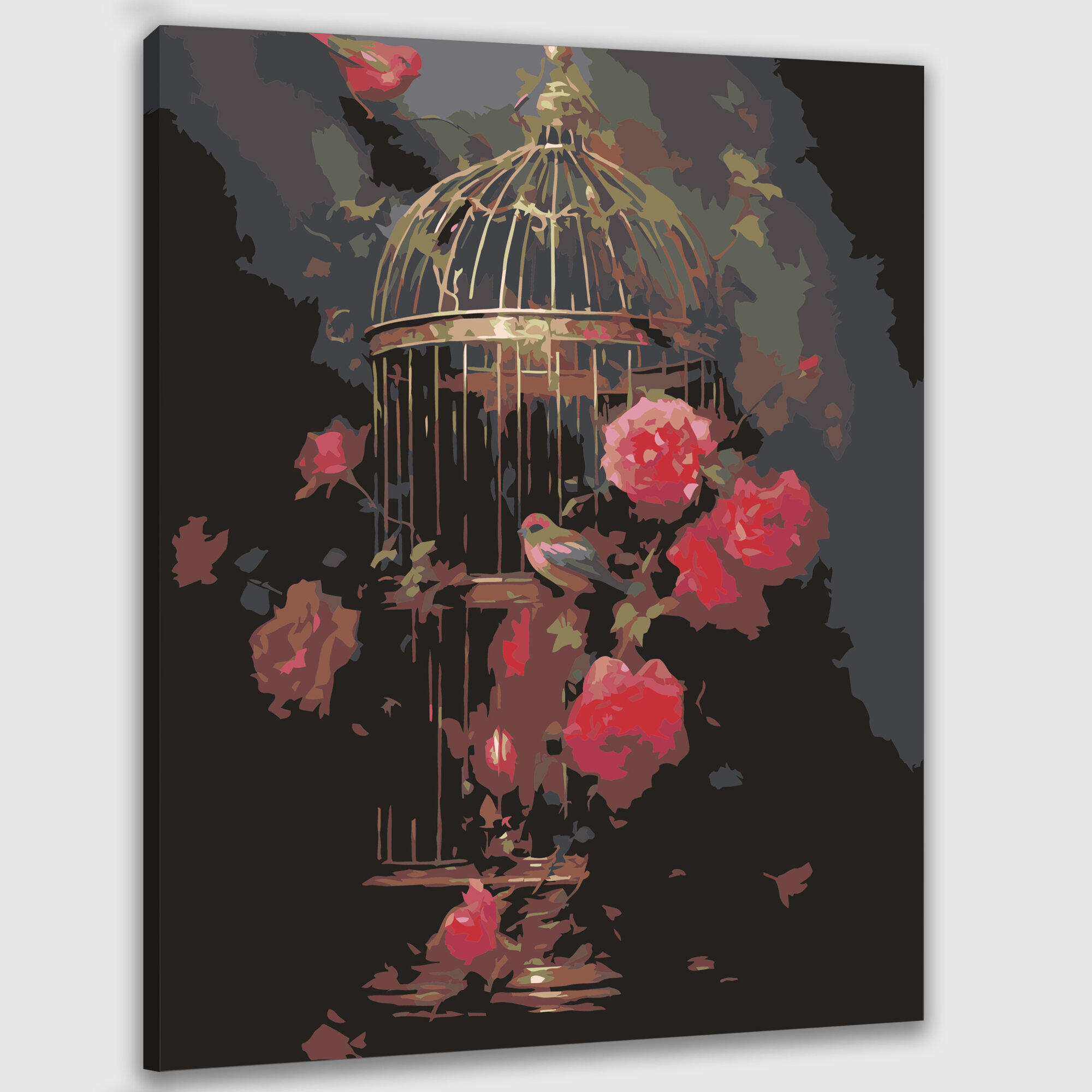 Картина по номерам 40x50 см, картина, масло, розы, красные, птичья клетка, позолоченная, лепестки, контраст